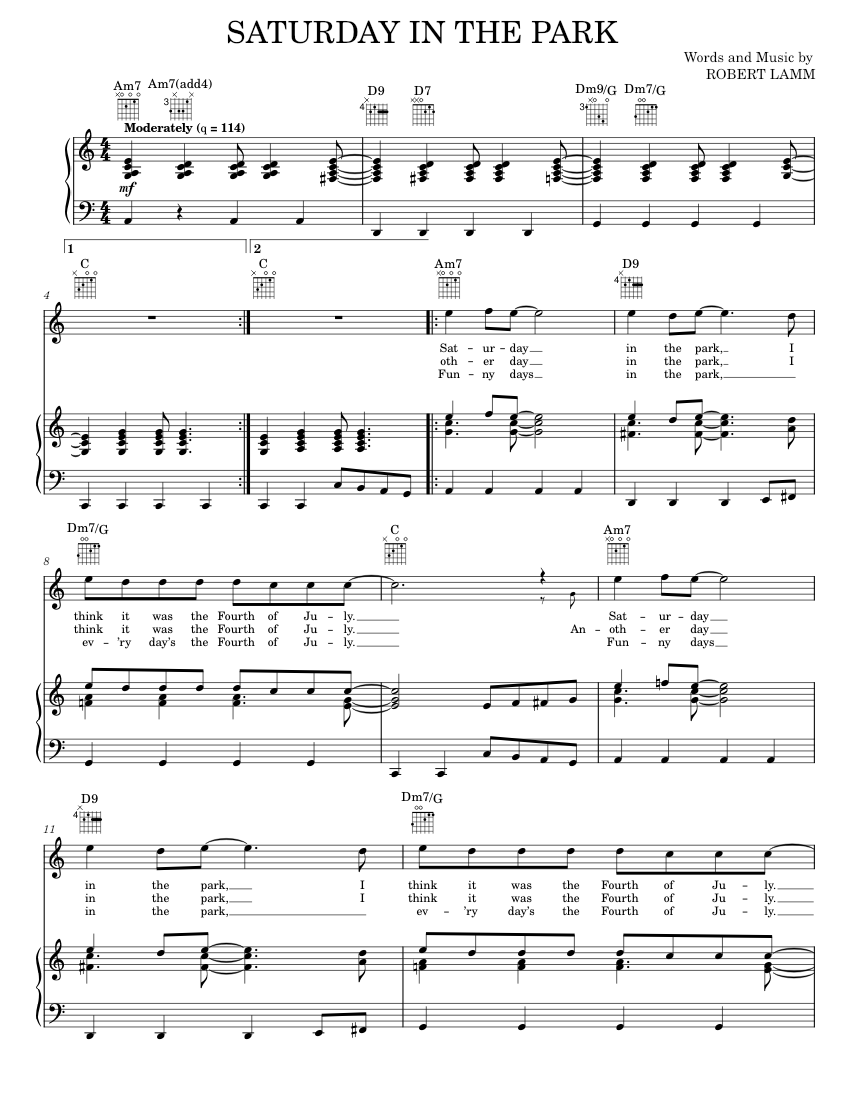 saturday in the park Sheet music for Piano, Vocals by Chicago Official ...