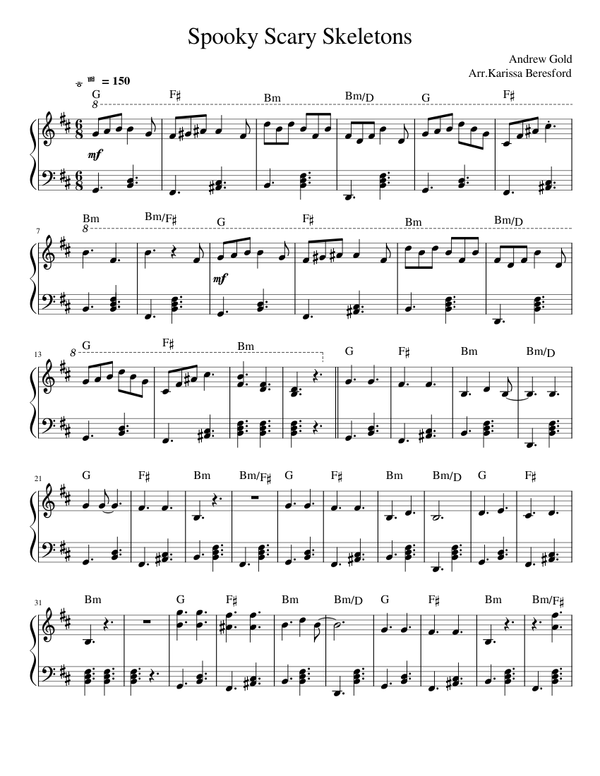 Spooky Scary Skeletons for Easy Piano Sheet Music for Piano (Solo ...