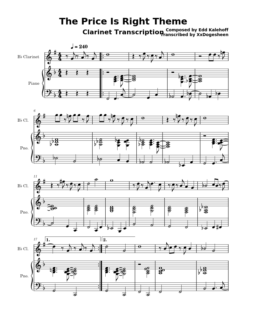 The Price is Right Theme - Clarinet and Piano Sheet music for Piano ...