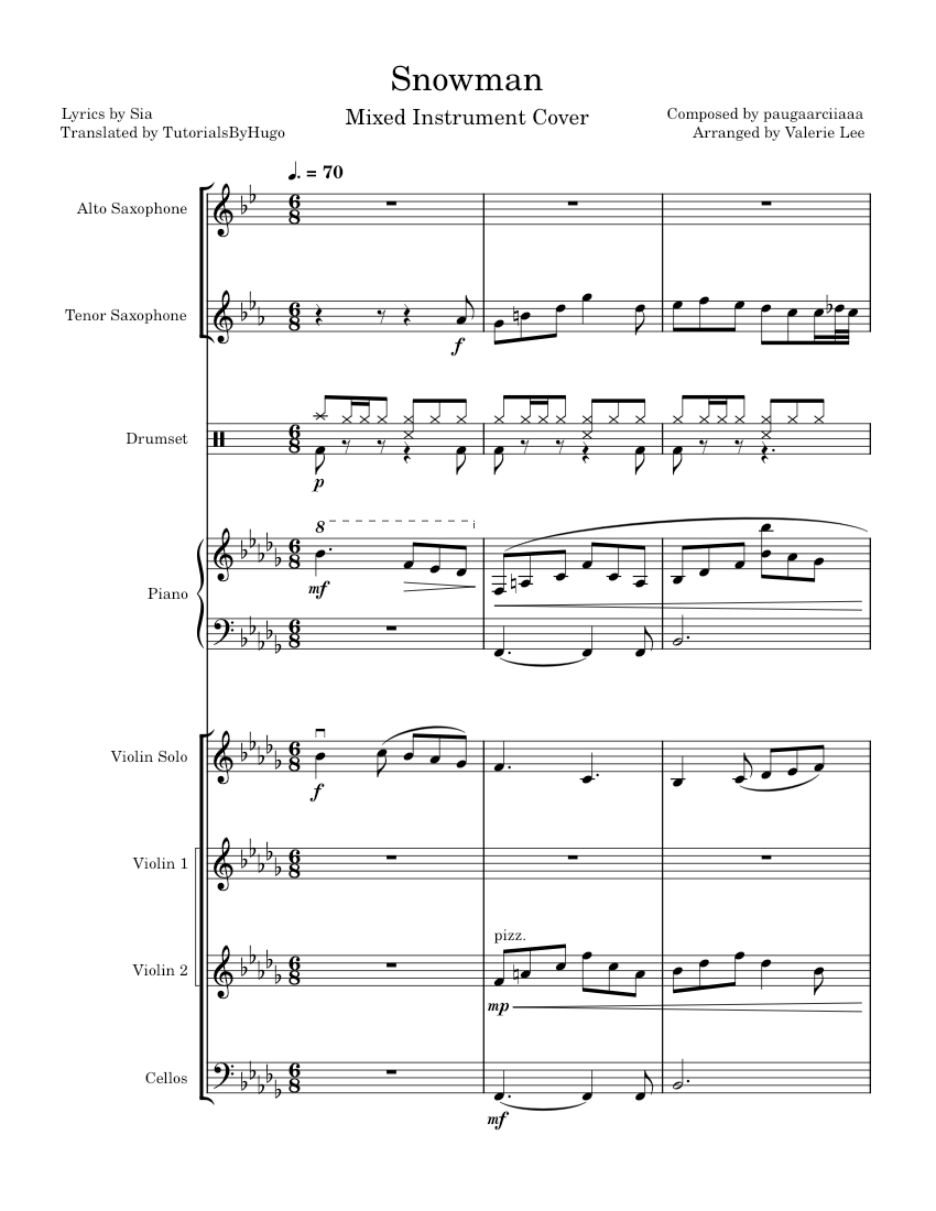 Snowman – Sia Sheet music for Piano, Saxophone alto, Saxophone tenor ...
