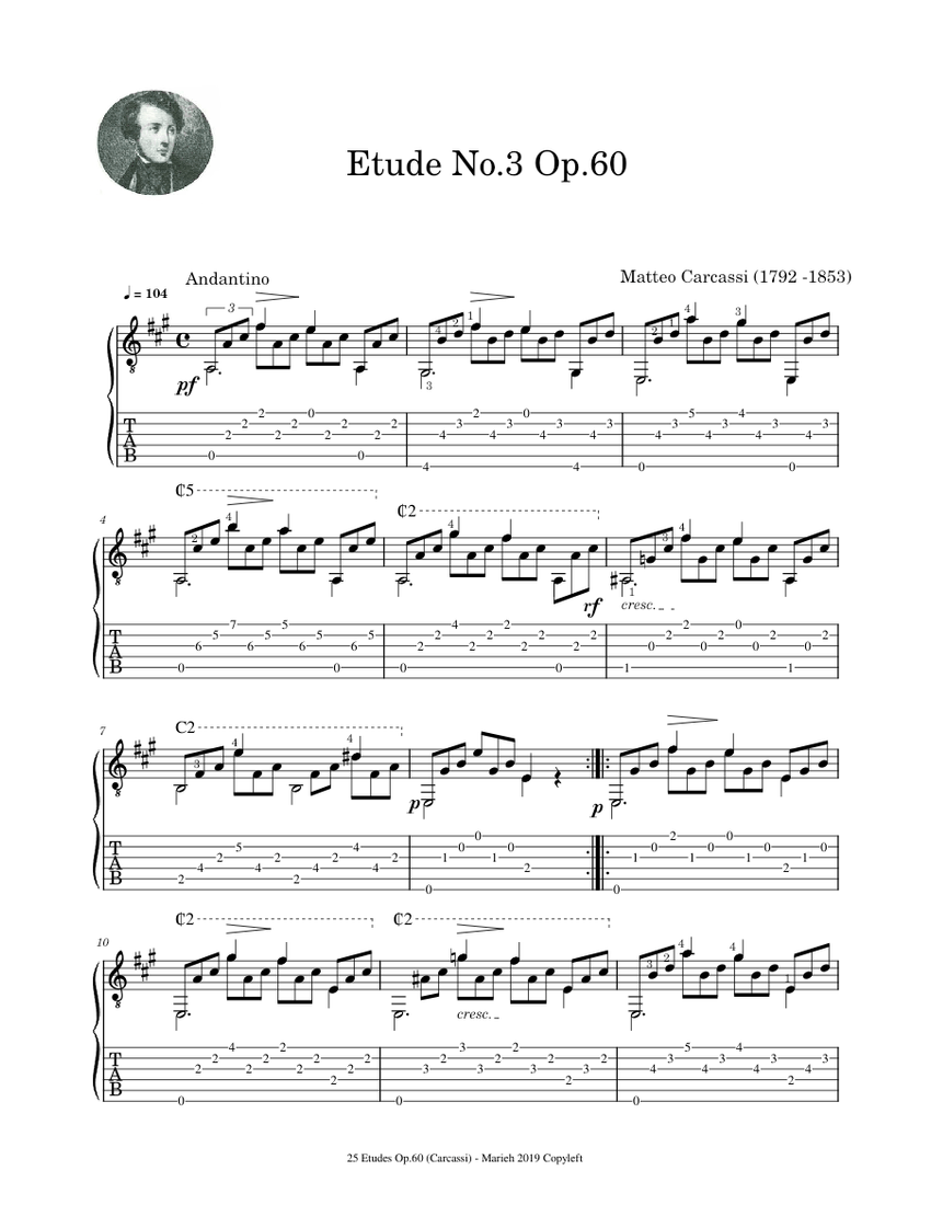 Etude No.3 Op.60 - Matteo Carcassi (1792 - 1853) - Tablature Sheet ...