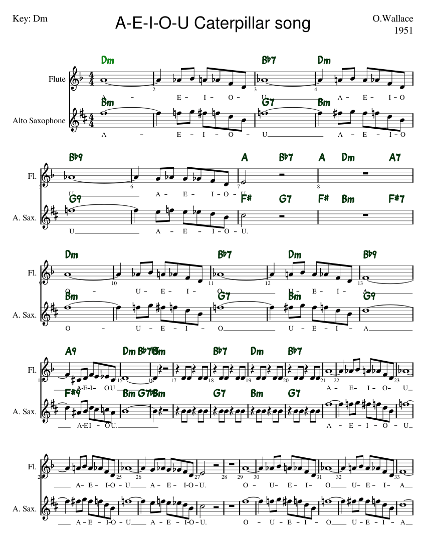 A-E-I-O-U Caterpillar song Sheet music for Flute, Saxophone alto ...