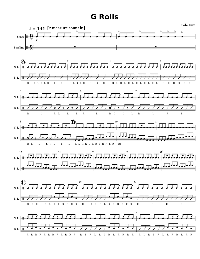 G Rolls 4B V2 144 Sheet music for Snare drum, Bass drum (Percussion ...
