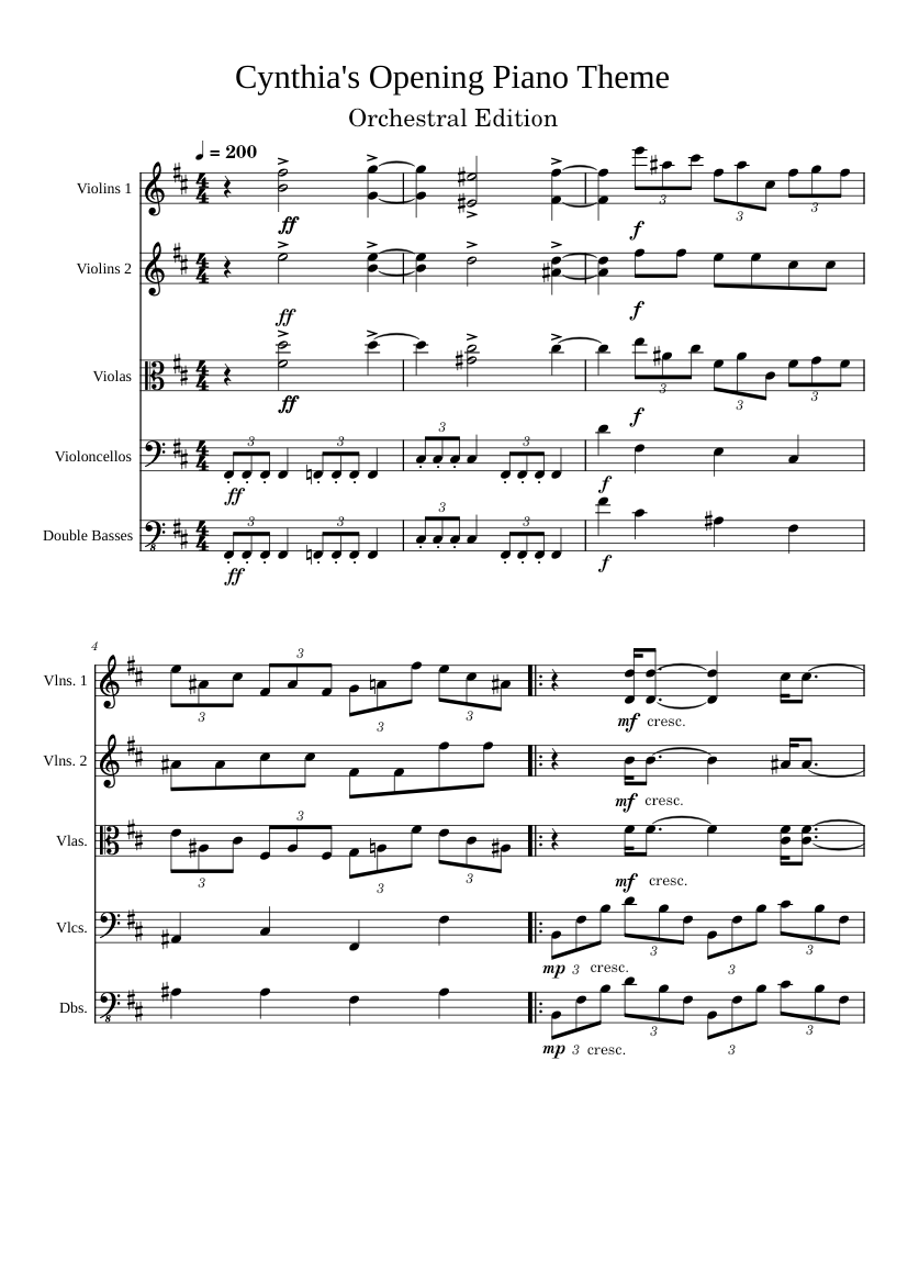 Cynthia's Opening Piano Theme- String Orchestral Edition Sheet Music ...