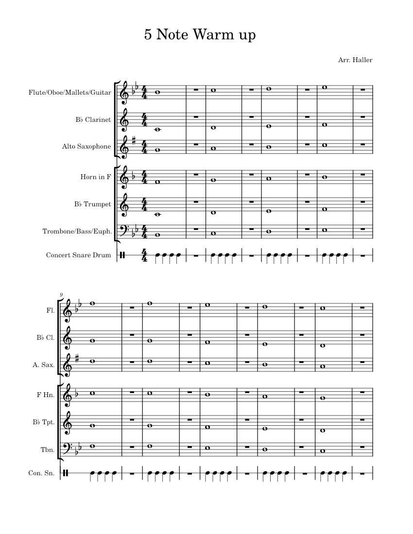 5 Note Warm up Sheet music for Trombone, Flute, Clarinet in b-flat ...