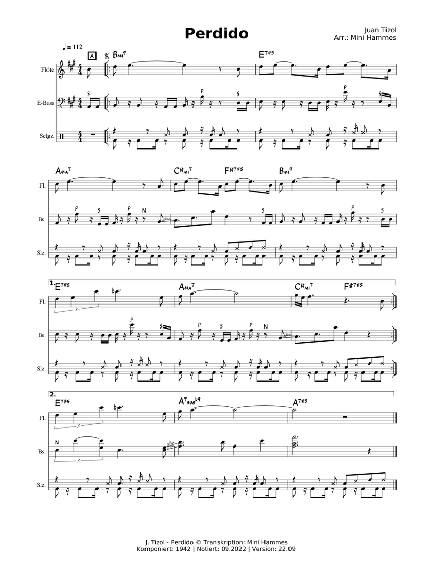 Juan Tizol - Perdido Sheet music for Vibraphone, Bass guitar, Drum ...
