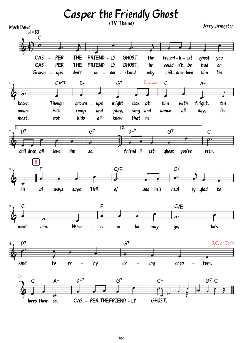 Casper The Friendly Ghost (Lead sheet with lyrics ) Sheet Music with ...