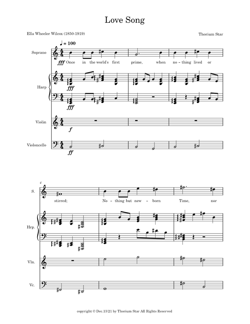 Love Song Sheet music for Soprano, Violin, Cello, Harp (Mixed Quartet ...