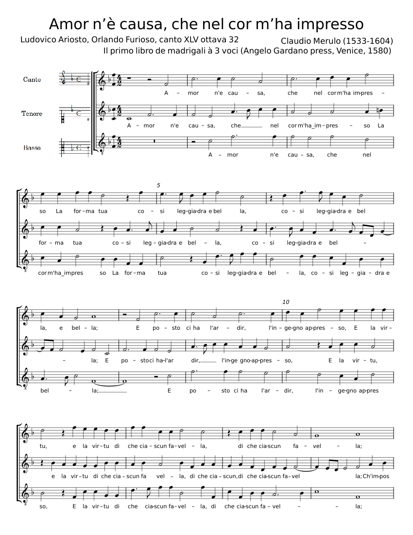 Amor n’è causa, che nel cor m’ha impresso - Claudio Merulo Sheet Music ...