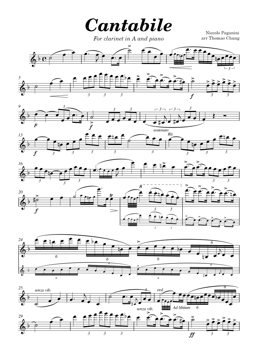 Cantabile, MS 109 – Niccolò Paganini Cantabile for A clarinet paganini Sheet music for Clarinet ...