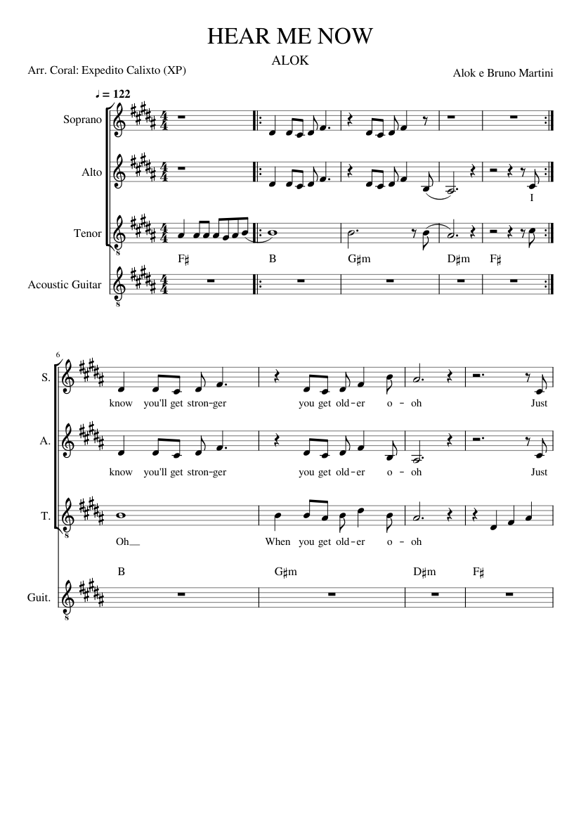 HEAR ME NOW - ALOK - SATB Sheet music for Soprano, Alto, Tenor, Guitar ...