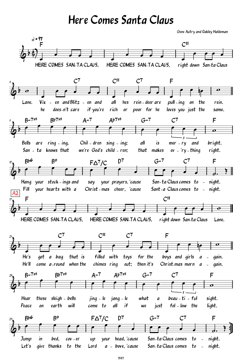 Here Comes Santa Claus (Lead sheet with lyrics ) Sheet Music with ...