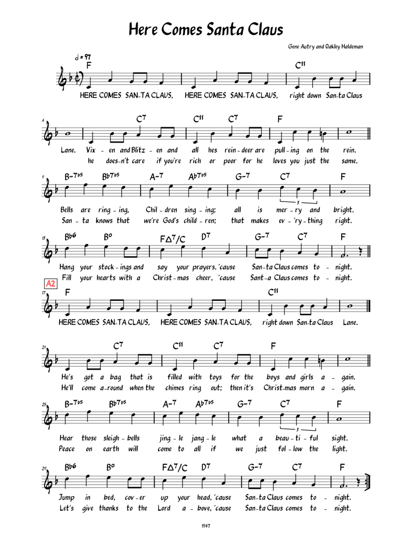 Here Comes Santa Claus (Lead sheet with lyrics ) Sheet music for Piano ...