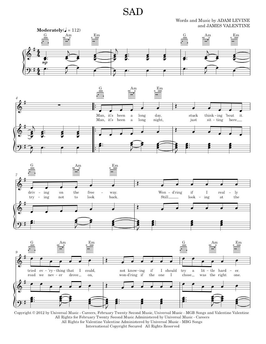 Play Official version of Sad Sheet Music by Maroon 5 for Piano, Vocals ...