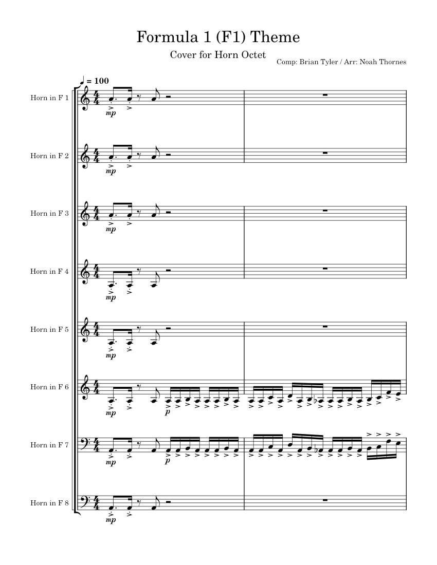 Formula 1 Theme (F1 Theme) Cover for Horn Octet Sheet music for French ...