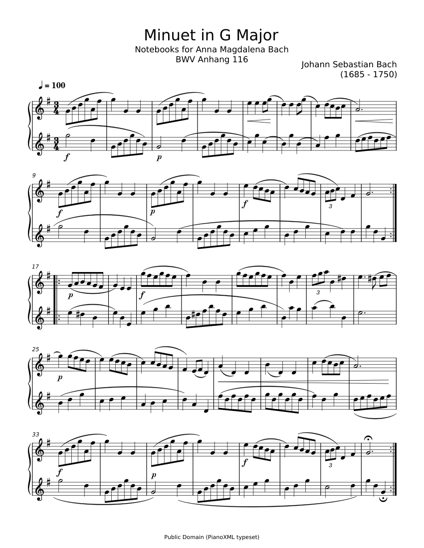 Minuet in G major, BWV Anh. 116 - Johann Sebastian Bach Sheet music for Piano (Piano Duo ...