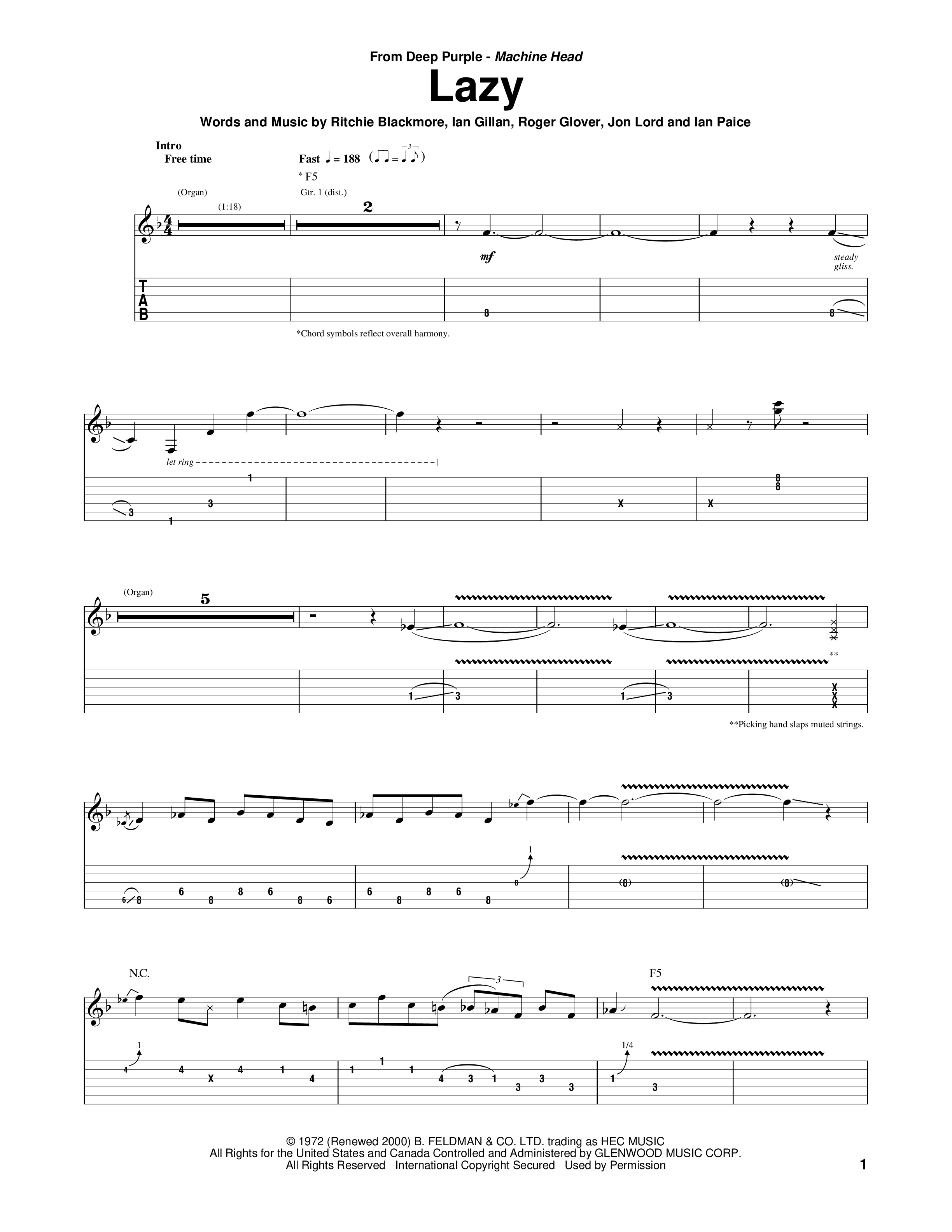 Play Official version of Lazy sheet music by Deep Purple for Guitar ...