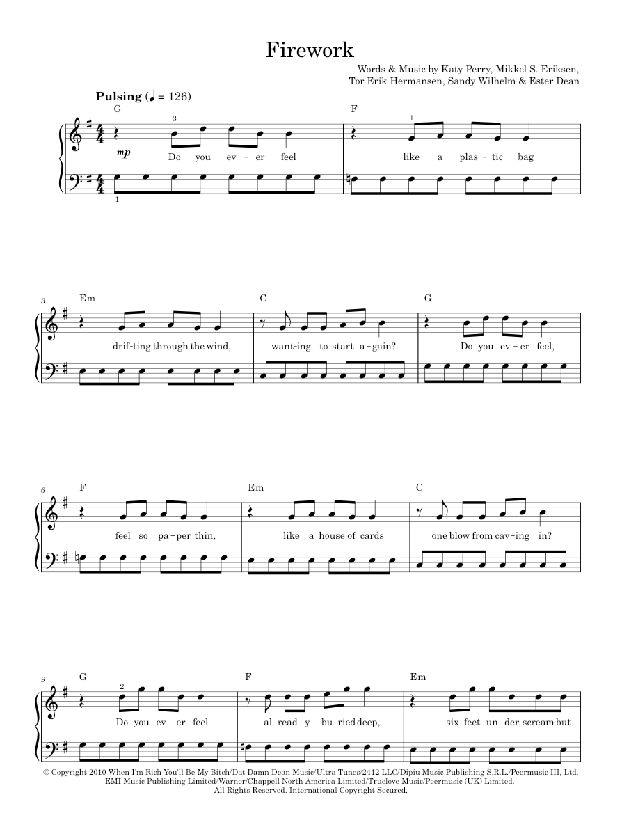 Play Official version of Firework Sheet Music by Katy Perry for Piano ...