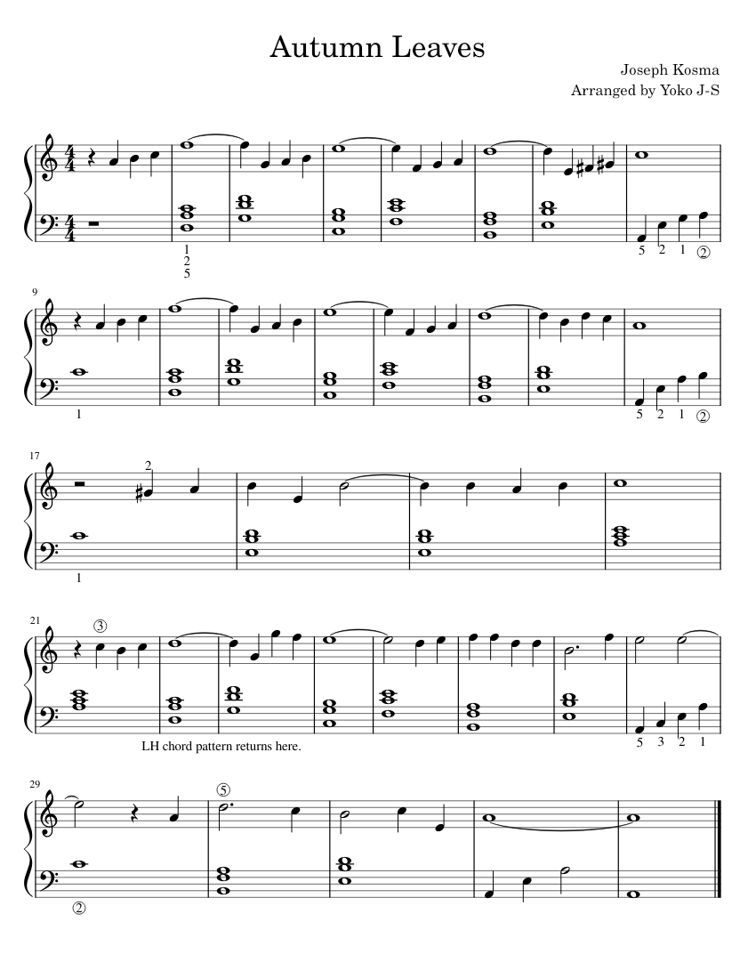 Autumn Leaves by Joseph Kosma Easy Piano (not shortened) Sheet Music ...