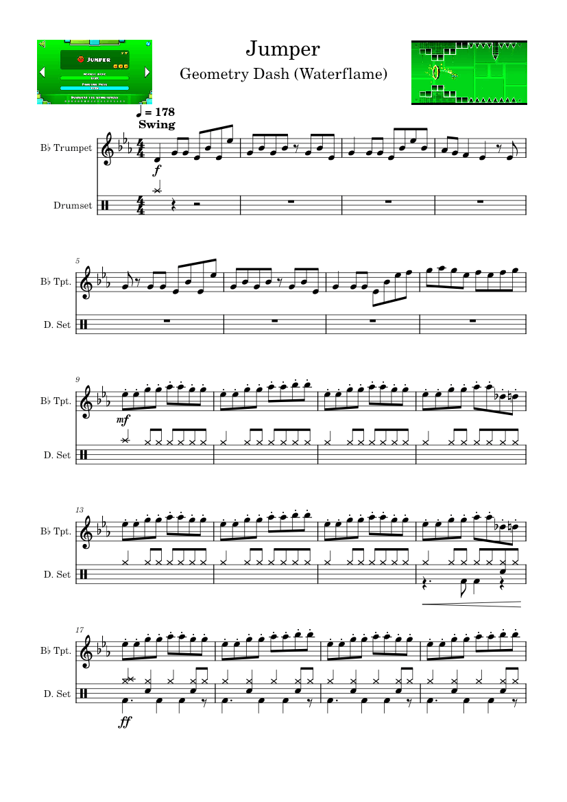 Jumper-Geometry Dash Waterflame Sheet music for Trumpet in b-flat, Drum ...