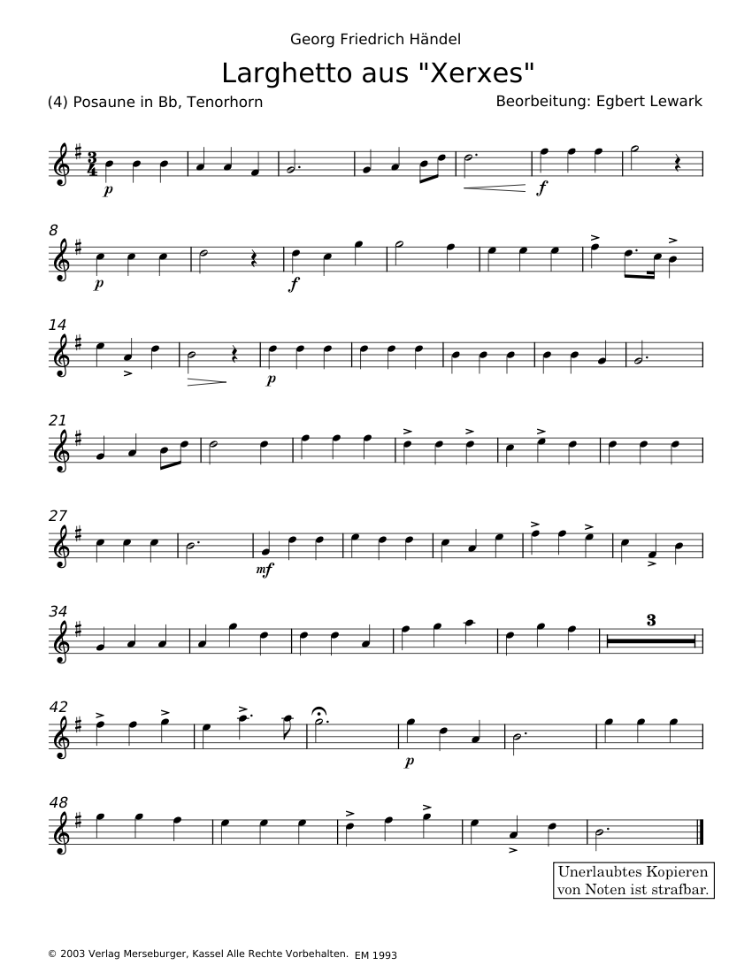 Largo from 'Xerxes' - Georg Friedrich Händel Sheet Music for Trombone ...