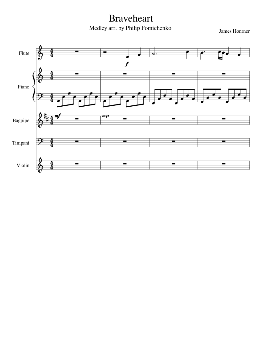 Braveheart Medley Sheet music for Piano, Flute, Timpani, Violin & more ...