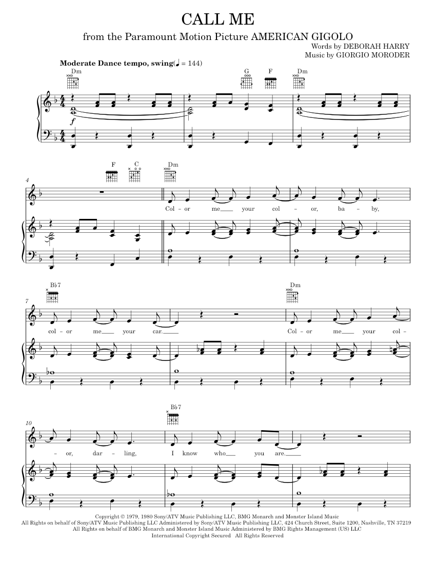 Play Official version of Call me sheet music by Blondie for Piano ...