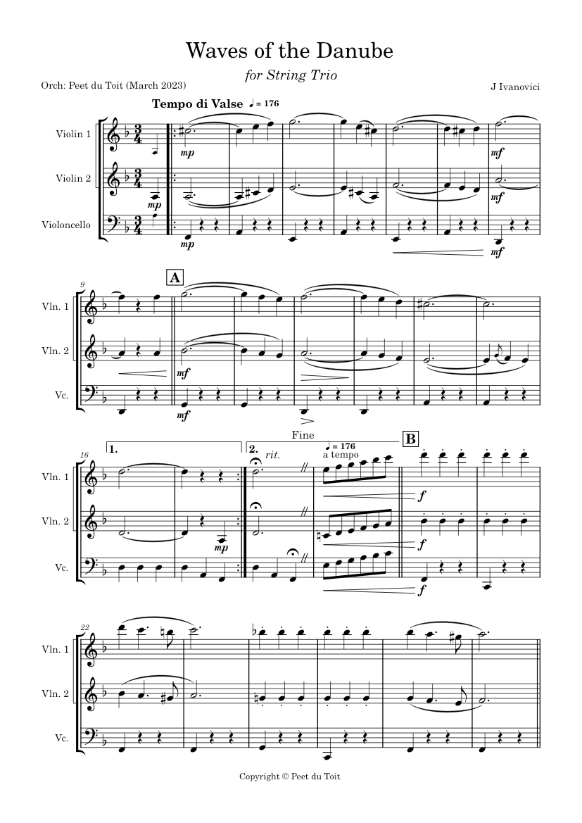 Waves of the Danube – Iosif Ivanovici Sheet Music for Violin, Cello ...