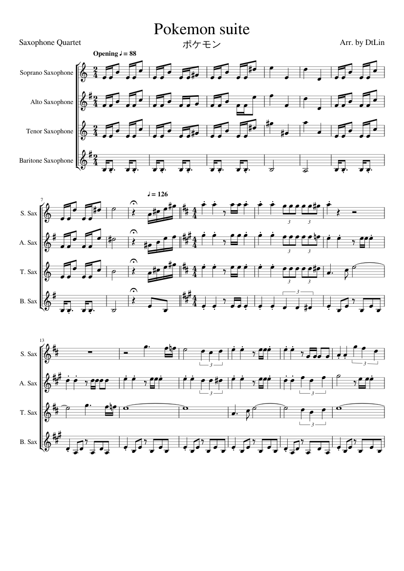 Pokemon Red/Blue suite - Saxophone Quartet Sheet Music for Saxophone ...