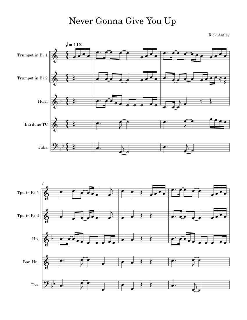 Never Gonna Give You Up – Rick Astley Brass Quintet, Sheet Music for ...