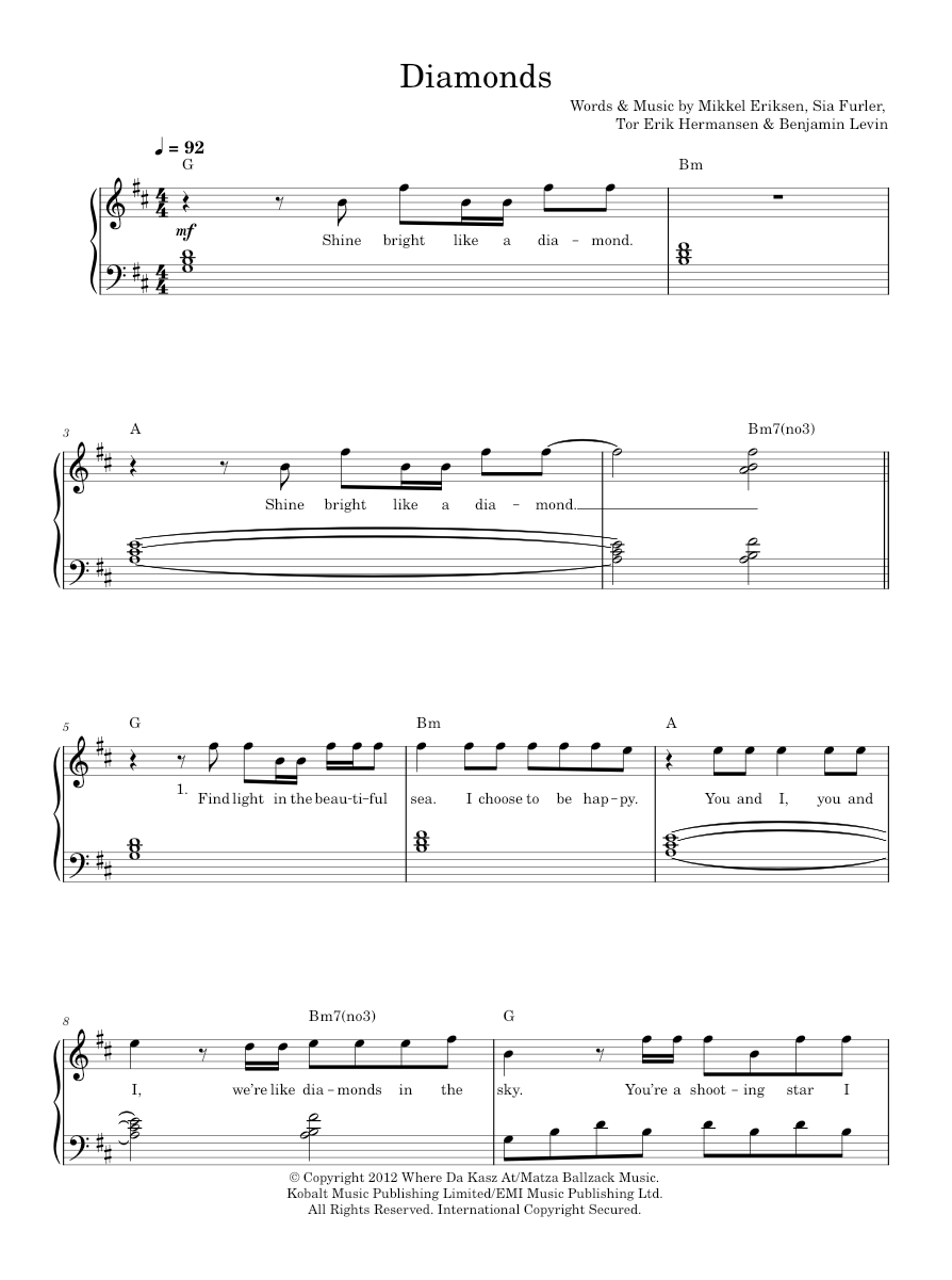 Play Official version of Diamonds Sheet Music by Rihanna for Piano ...