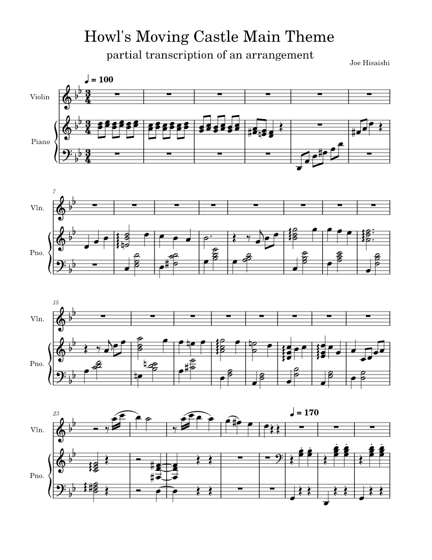 Howl's Moving Castle Main Theme - (Violin/Piano Duet) Sheet music for ...
