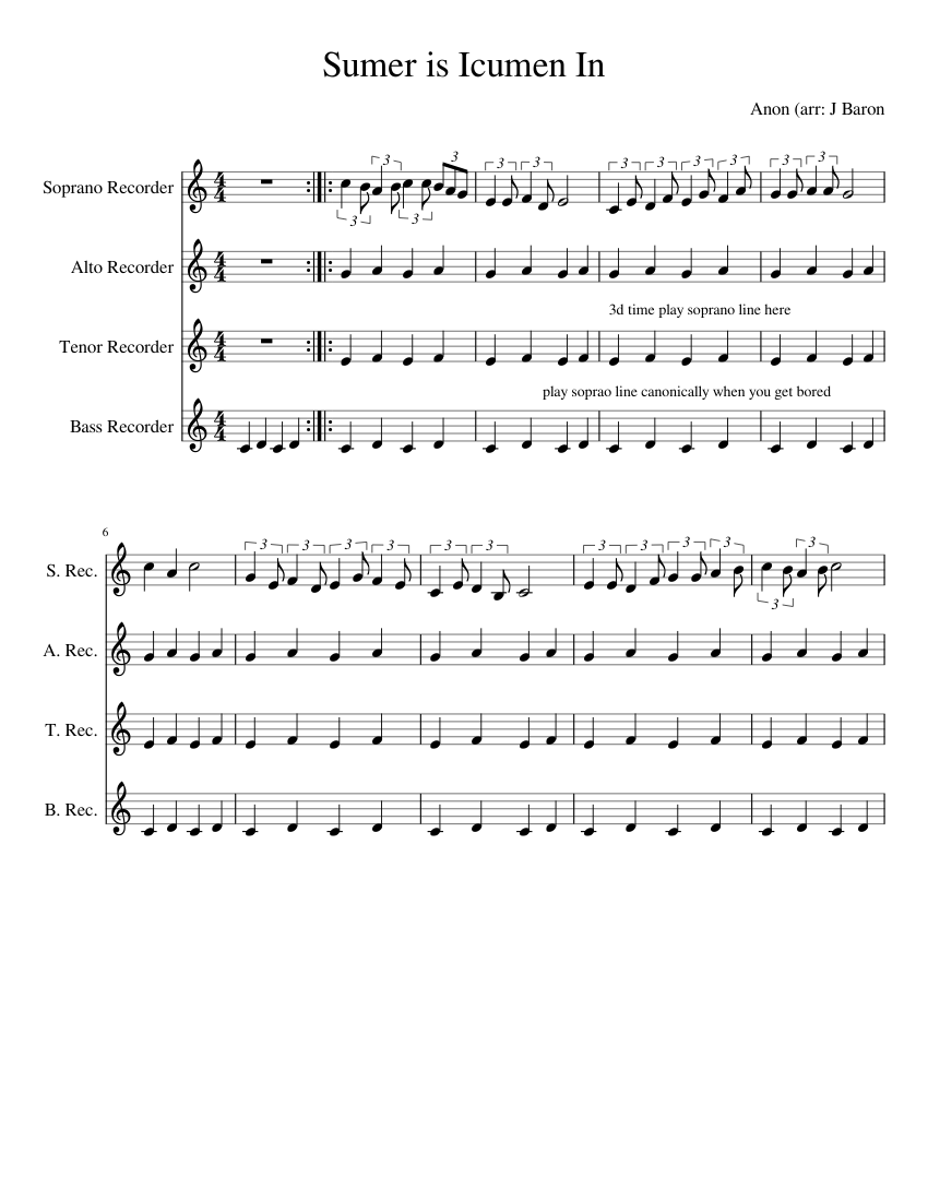 Sumer is Icumen In Sheet music for Recorder (Mixed Quartet) | Musescore.com