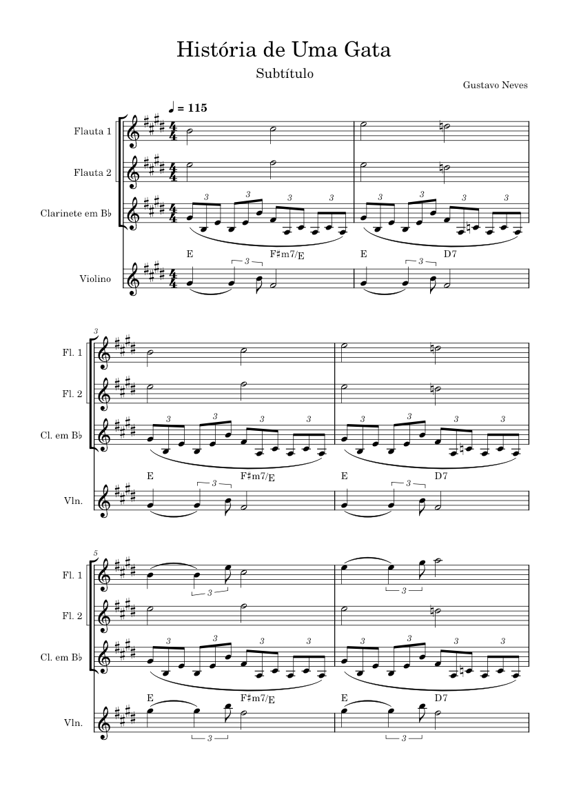 História de Uma Gata Sheet Music with Chords for Flute, Violin ...