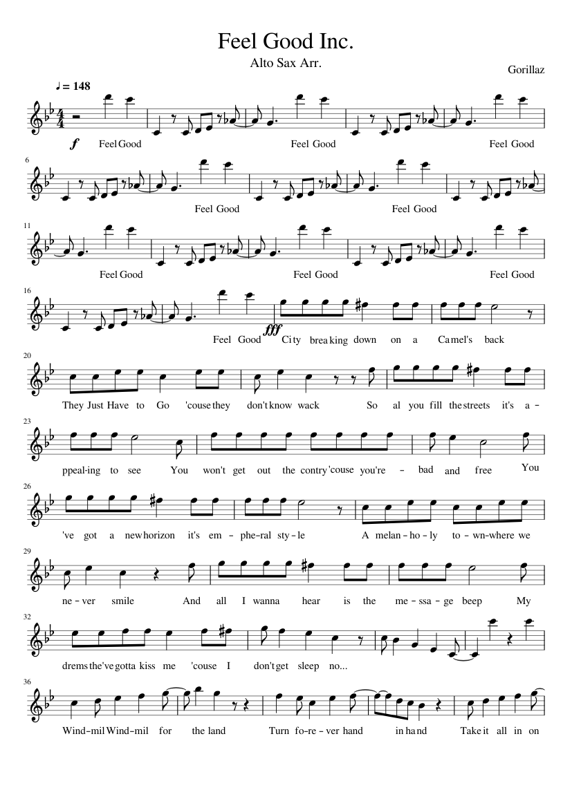 Feel Good Inc. Sheet music for Saxophone alto (Solo) | Musescore.com