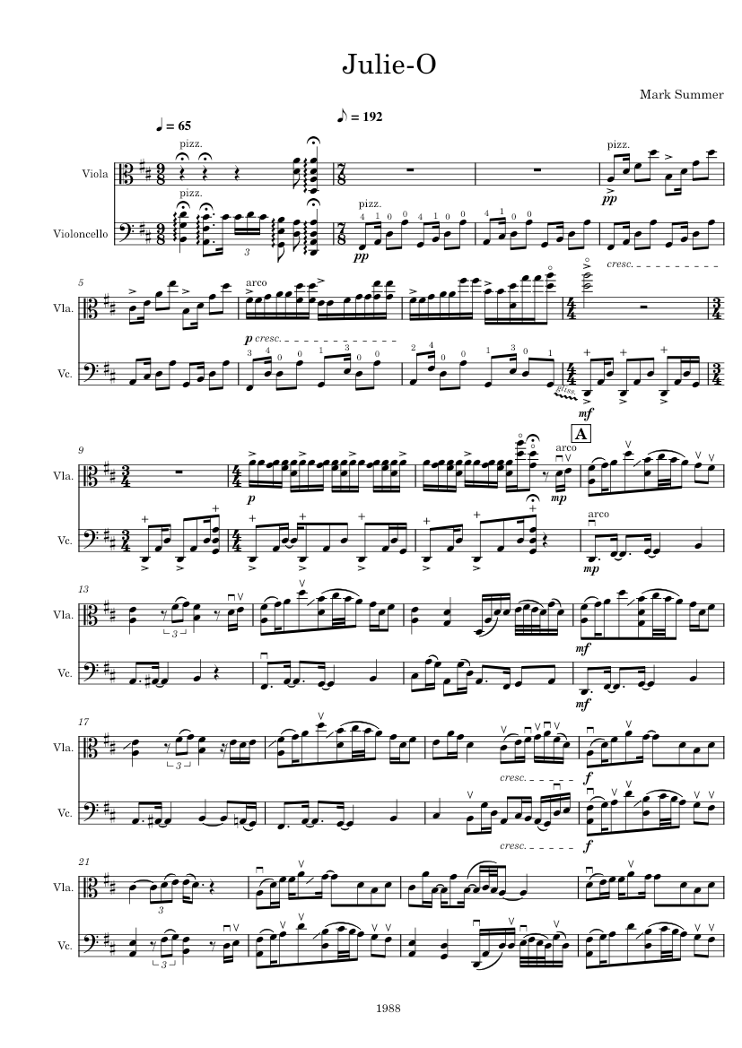 Julie-O – Mark Summer Sheet Music for Viola, Cello (String Duet ...