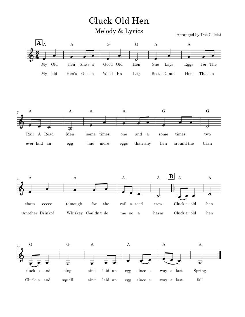 Cluck Old Hen – Misc tunes Cluck Old Hen - melody & lyrics Sheet Music ...