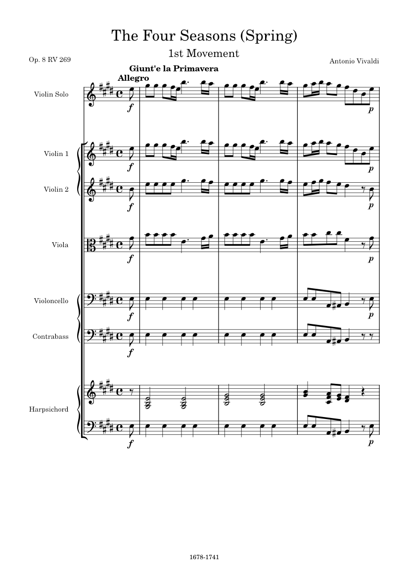 The Four Seasons, Op. 8 No.1 RV 269 (Spring), 1st Movement – Antonio Vivaldi Sheet Music for ...