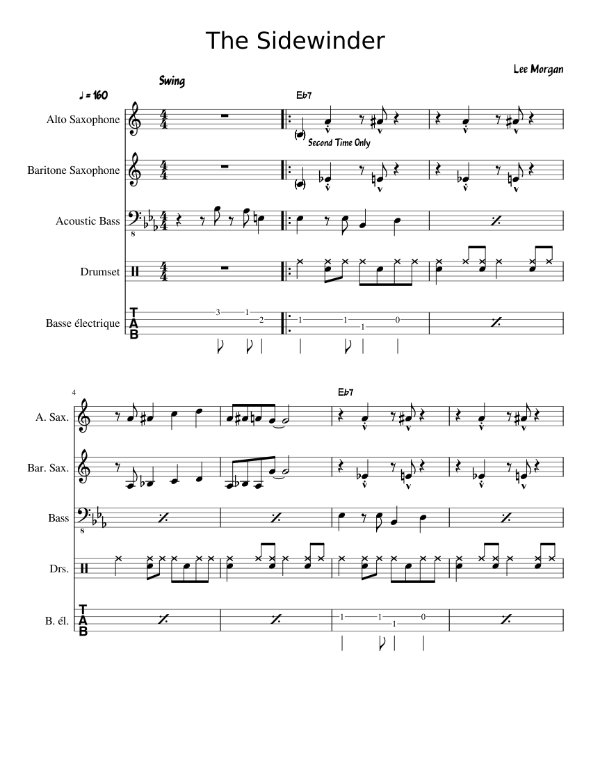 The Sidewinder Sheet music for Saxophone alto, Saxophone baritone, Bass guitar, Drum group ...