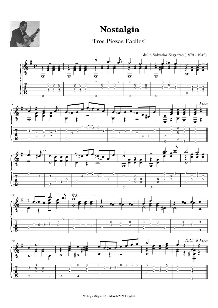 Nostalgia - Julio Salvador Sagreras (1879 - 1942) - Tablature Sheet ...