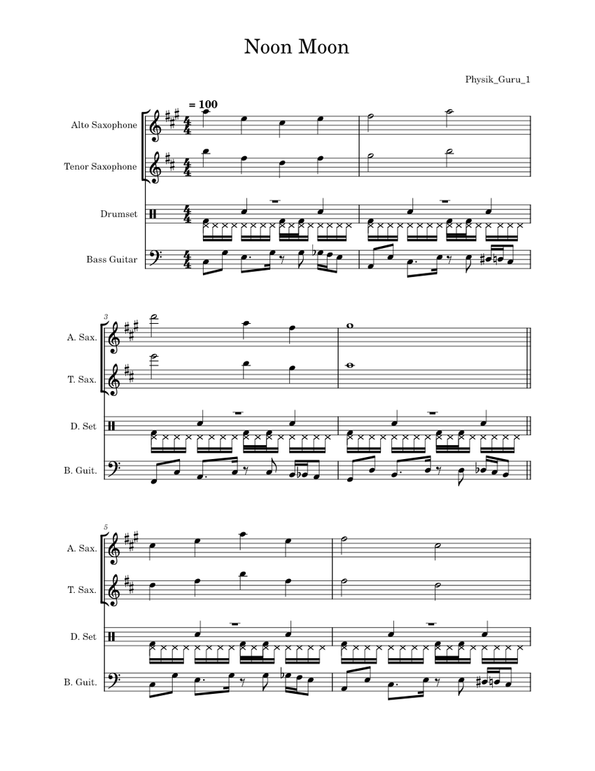 Noon Moon Sheet music for Saxophone alto, Saxophone tenor, Bass guitar ...