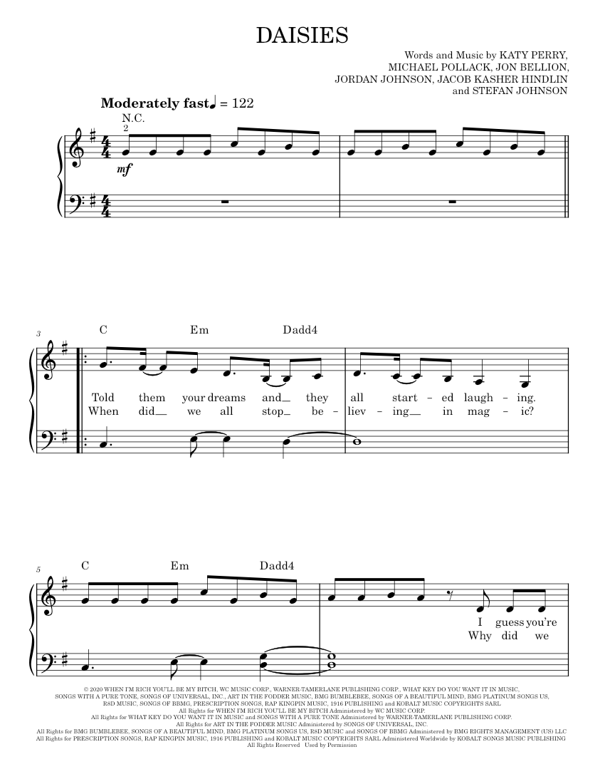 Play Official version of Daisies sheet music by Katy Perry for Piano ...