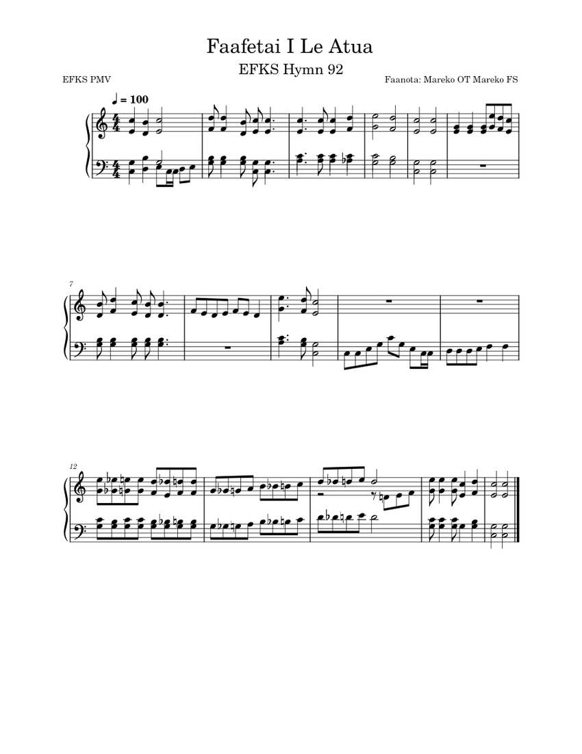 Pese 92 – KFTS Choir American Samoa Sheet music for Piano (SATB ...