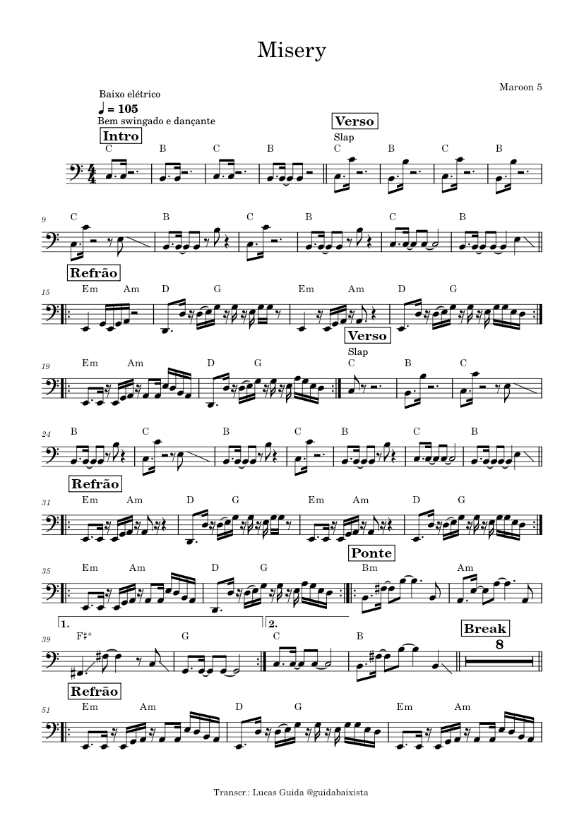 Misery – Maroon 5 (Bass) Sheet Music with Chords for Bass guitar (Solo ...
