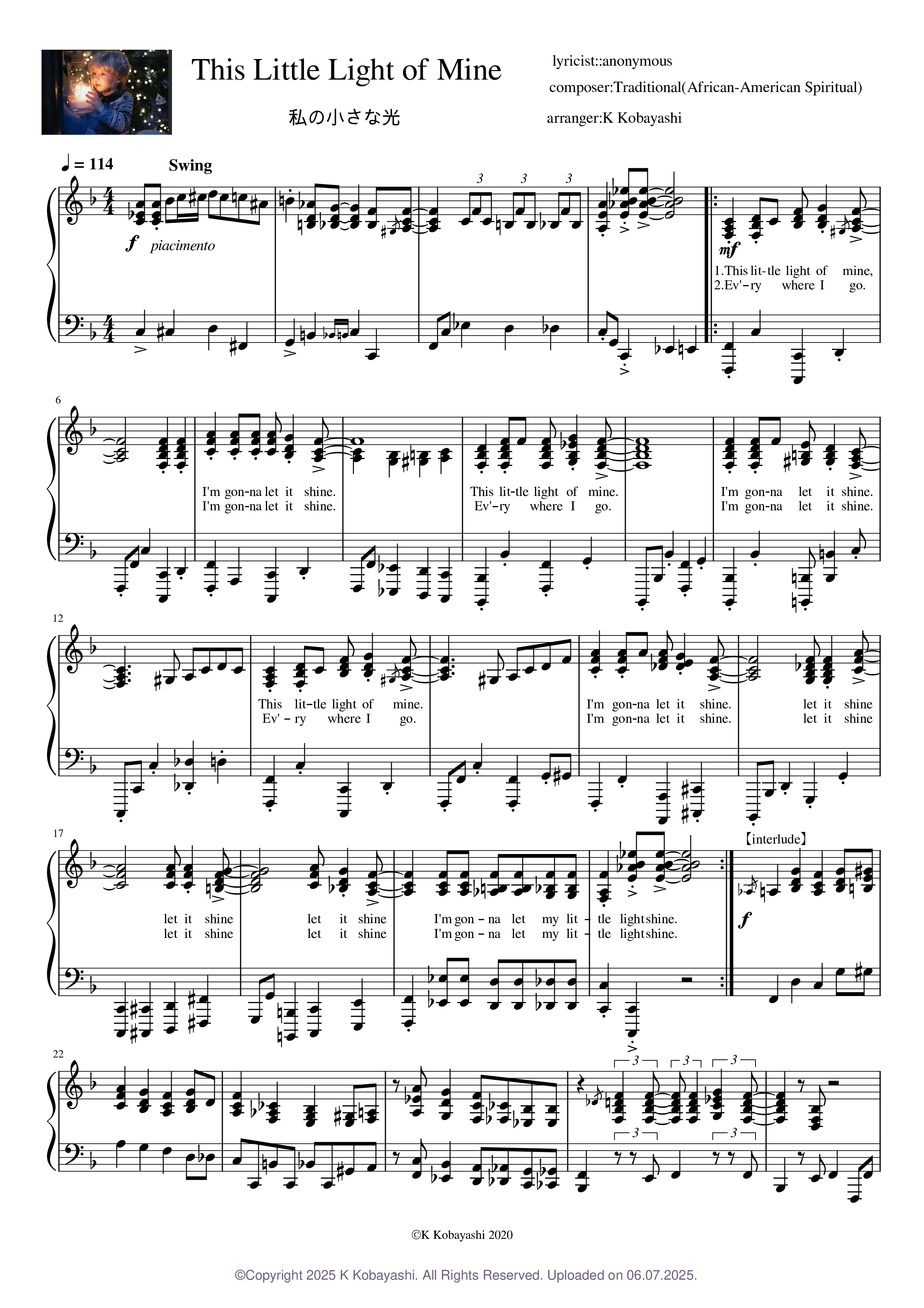 This Little Light of Mine - Traditional Sheet Music for Piano (Solo ...