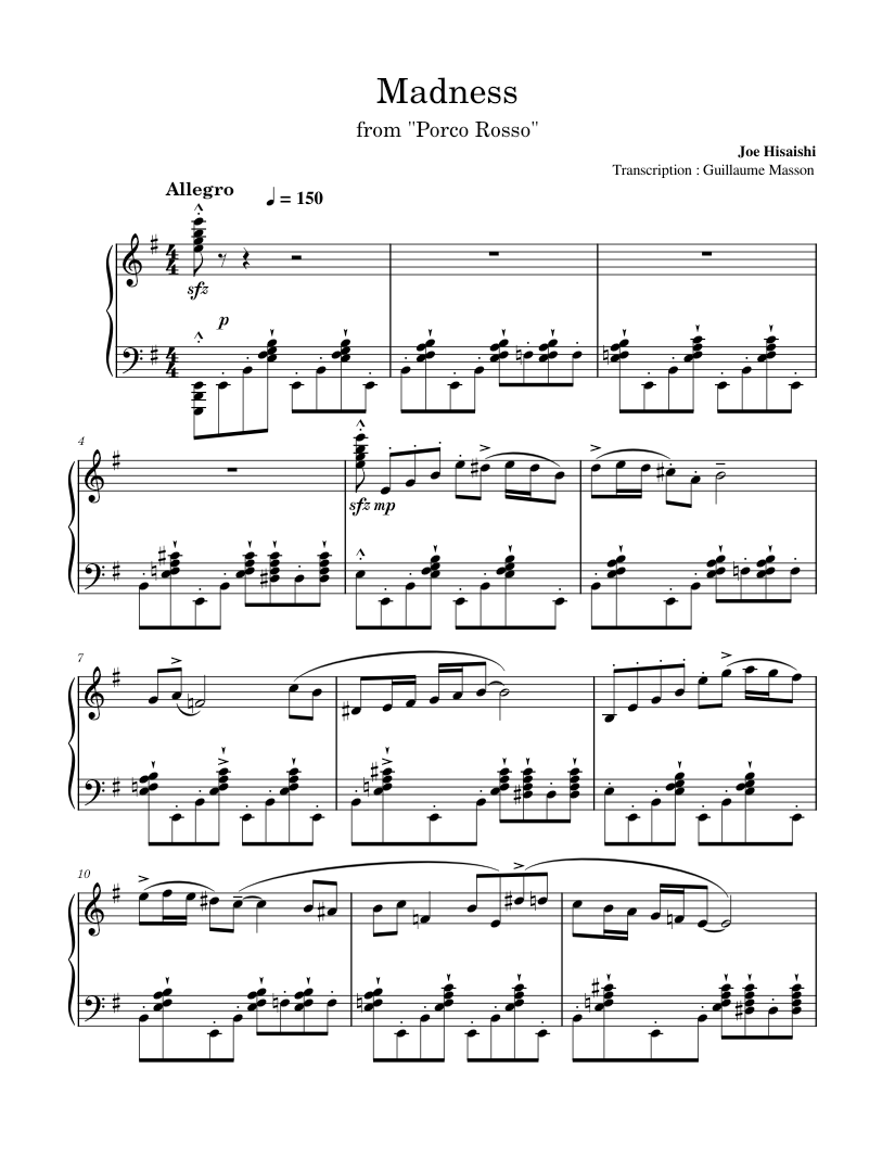 Madness – Joe Hisaishi (Arr. Guillaume Masson) Sheet music for Piano ...