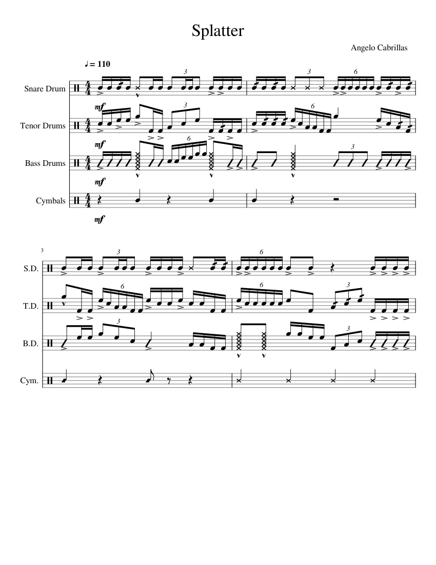 Splatter Sheet music for Snare drum, Crash, Tenor drum, Bass drum ...