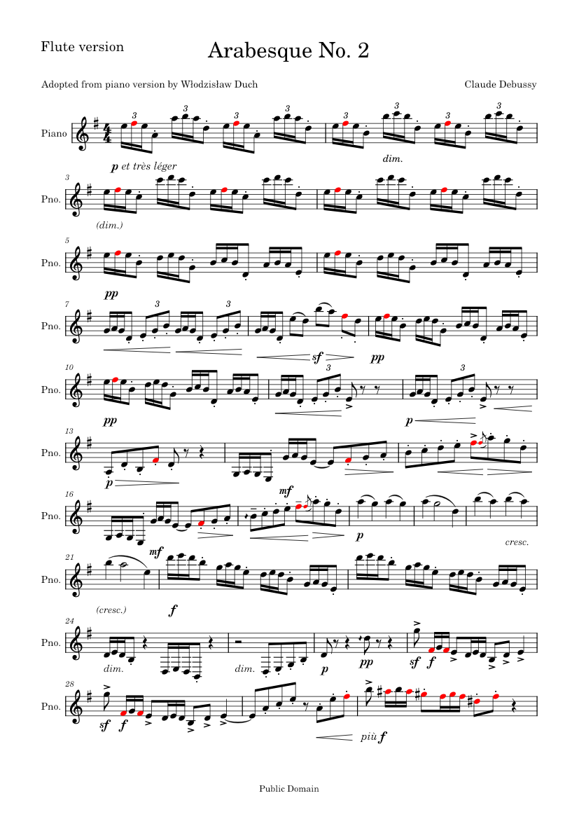 Arabesque No. 2 (flute version) – Claude Debussy Sheet Music for Piano ...