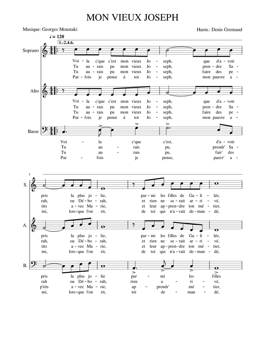 Mon vieux Joseph Sheet music for Soprano, Alto, Bass voice, Saxophone ...