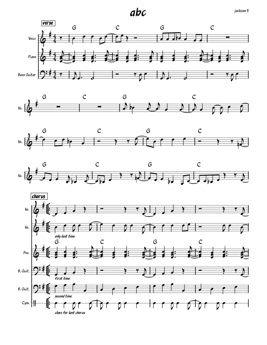 Abc – The Jackson 5 Sheet music for Piano, Vocals, Crash, Bass guitar ...